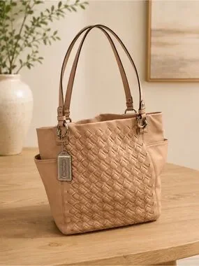 Coach | Bags | Coach Woven Tote Shoulder Bag In Tan Euc No Callouts ...